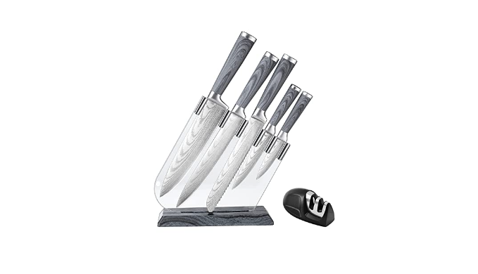 Knife Set with Block and Sharpener 5 Pieces，Stainless Steel Kitchen ...