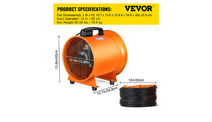 VEVOR Utility Blower Fan, 12 Inches, High Velocity Ventilator, Portable ...
