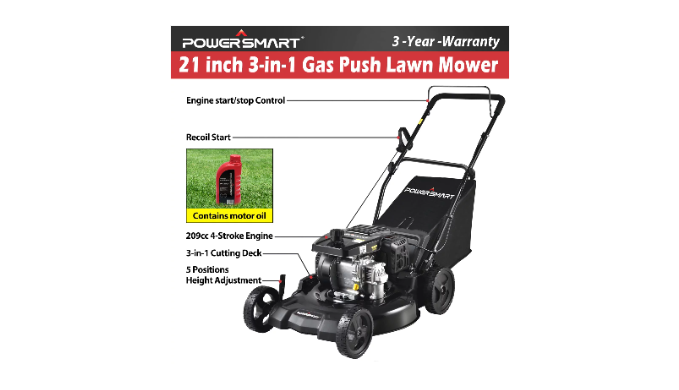 Power Smart 21-inch 3-in-1 Gas Powered Push Lawn Mower with 209cc ...